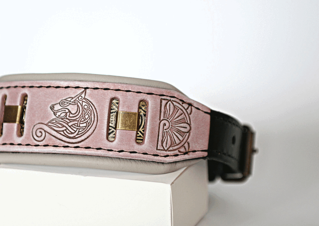 Pink leather dog collar with nameplate - Sauri Dog Collars